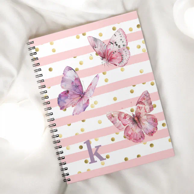 Cute Girl's Pink Stripes Dots and Butterflies Notebook | Zazzle