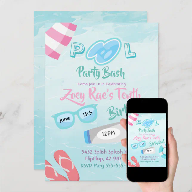 Cute Girls Pool Party Bash Birthday Invitation | Zazzle
