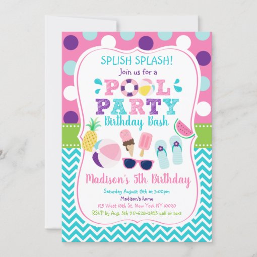 Cute Girls Pool Party Birthday Invitation | Zazzle