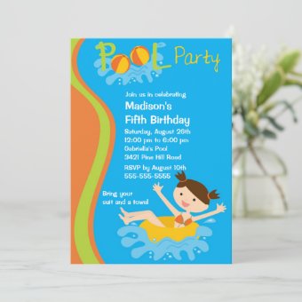 CUTE Girl's Pool Party Birthday Invitation | Zazzle