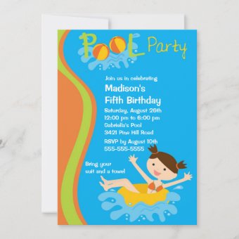 CUTE Girl's Pool Party Birthday Invitation | Zazzle