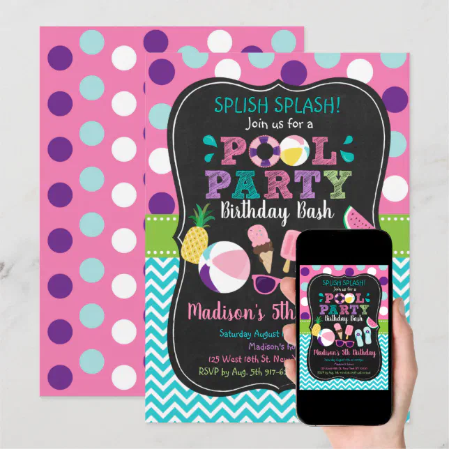 Cute Girls Pool Party Ice Cream Birthday Invitation | Zazzle