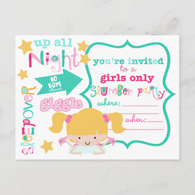 Cute Girls Sleepover Party Invitation | Zazzle