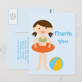 Cute girl's summer pool party thank you postcard | Zazzle