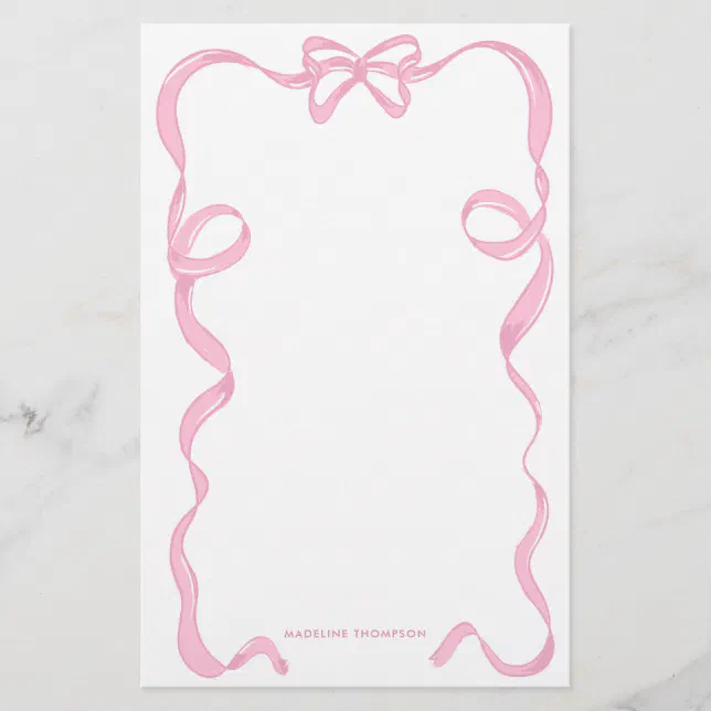 Cute Girly Blush Pink Bow Ribbon Frame Stationery | Zazzle