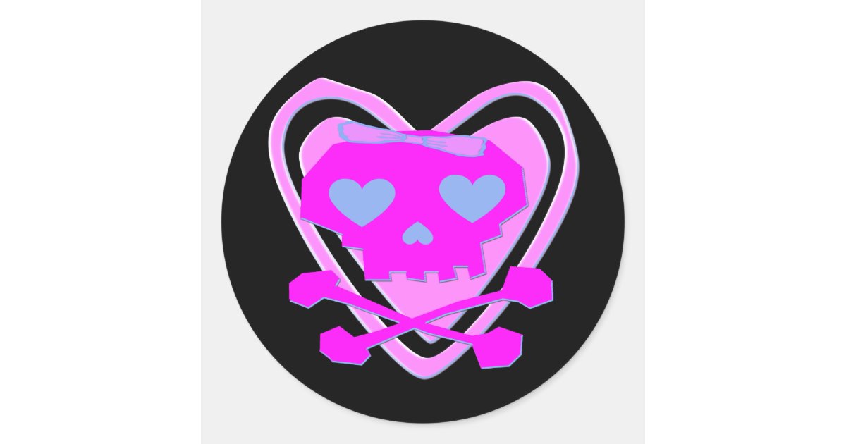 CUTE & GIRLY EMO SKULL & CROSSBONES CLASSIC ROUND STICKER | Zazzle