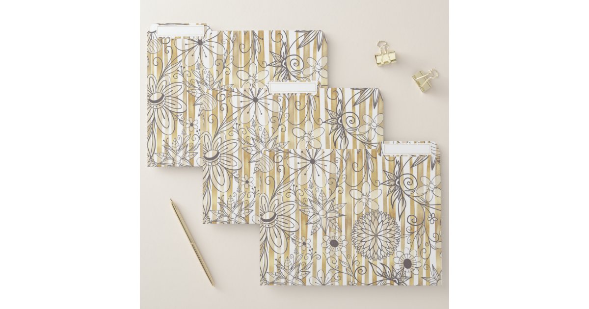 Cute Girly Gray Floral Doodles Gold Stripes Design File Folder | Zazzle