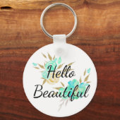 Cute Girly Hello Beautiful Gold & Blue Floral Keychain | Zazzle