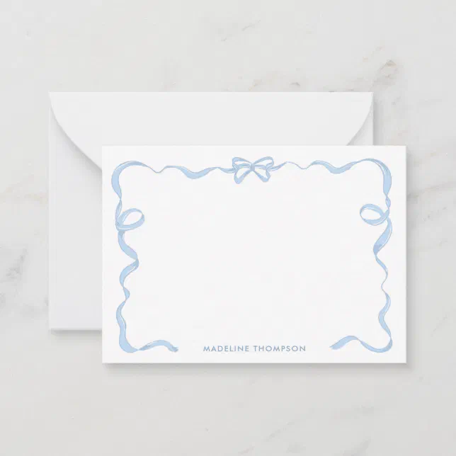 Cute Girly Light Blue Bow Ribbon Frame Note Card | Zazzle
