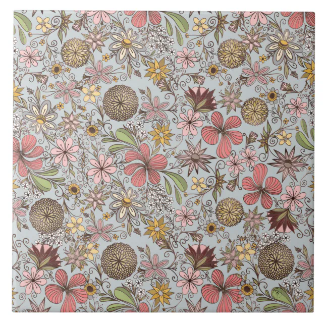 Cute Girly Old Rose Pink Floral Doodles Design Ceramic Tile | Zazzle