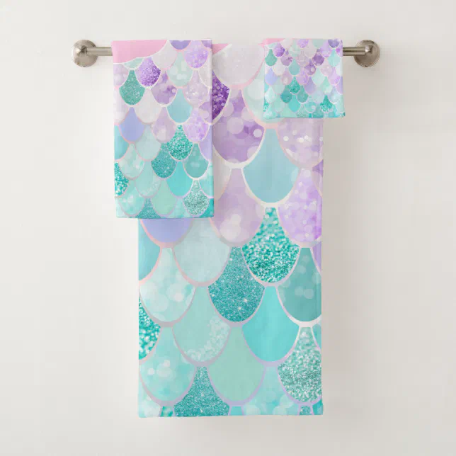 Cute Girly Ombre Mermaid Pattern Monogrammed Bath Towel Set | Zazzle