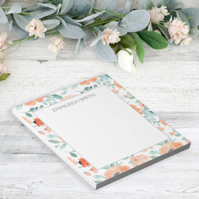 Cute Girly Peach Flowers Green Leaves Notepad | Zazzle