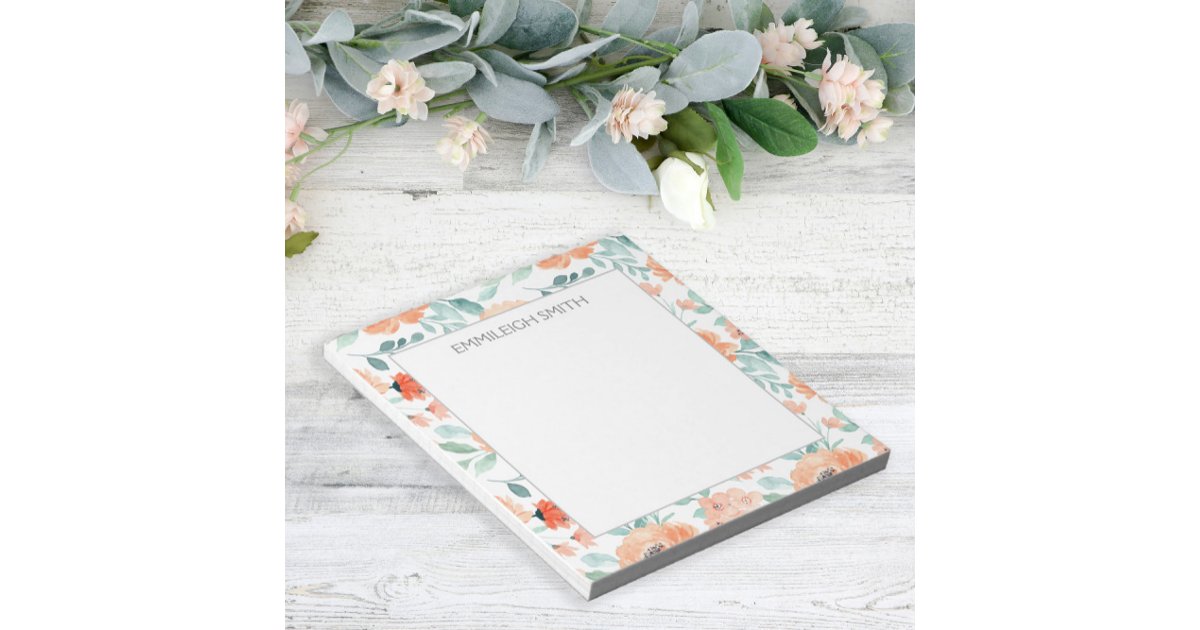 Cute Girly Peach Flowers Green Leaves Notepad | Zazzle