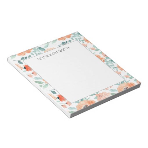 Cute Girly Peach Flowers Green Leaves Notepad | Zazzle