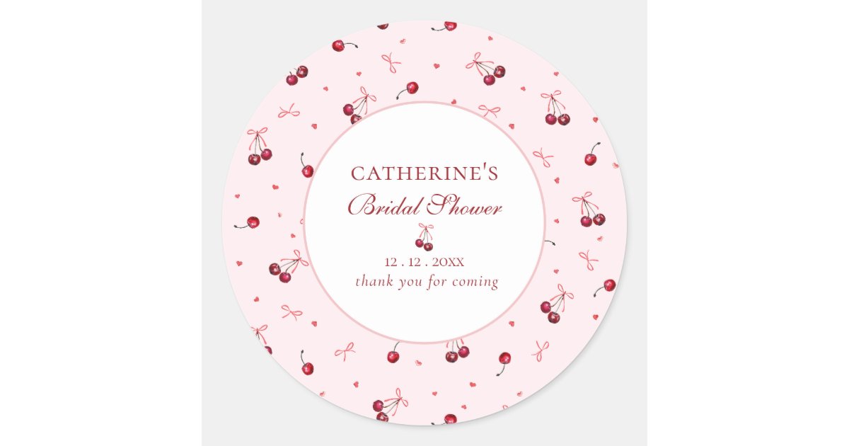 Cute Girly Pink Cherry Bows Thank you Classic Round Sticker | Zazzle