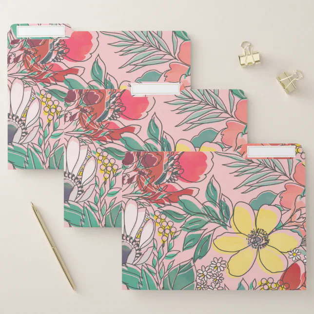 Cute girly pink floral hand drawn design file folder | Zazzle