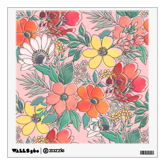 Cute girly pink floral hand drawn design wall decal | Zazzle