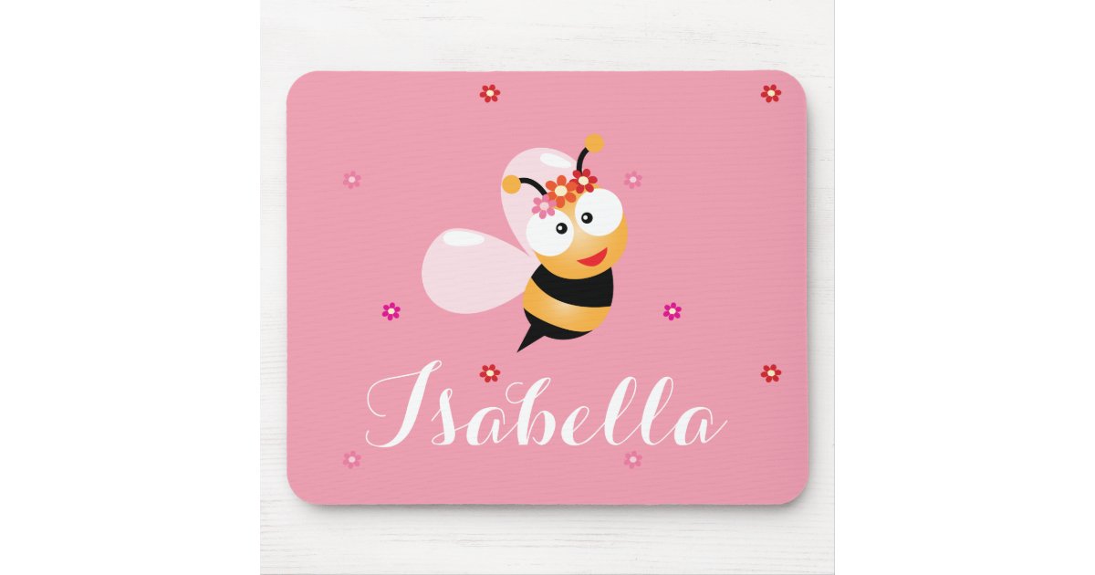 Cute Girly Pink Flower Girl Bumble Bee Cartoon Mouse Pad Zazzle