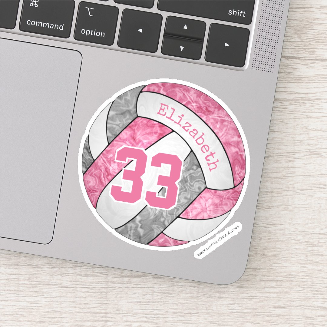 cute girly pink gray personalized volleyball sticker | Zazzle