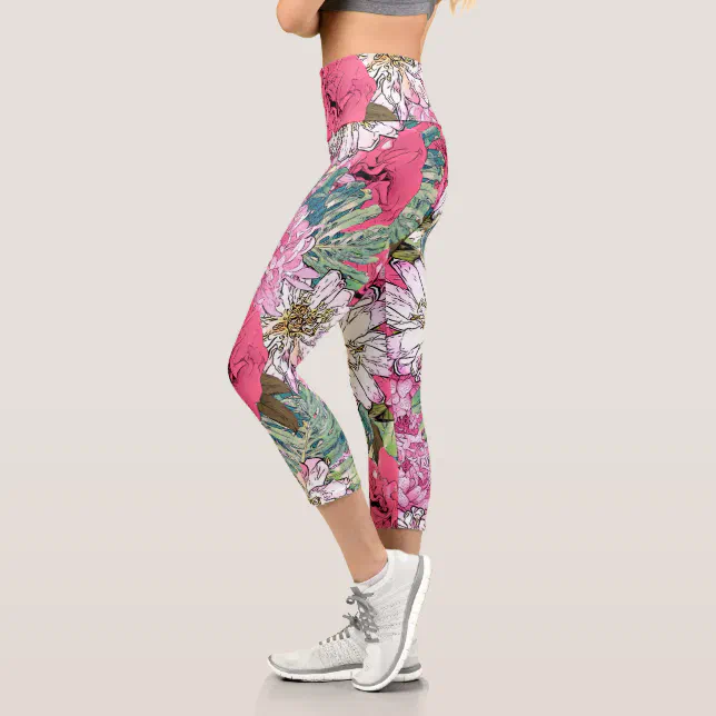 Cute Girly Pink & Green Floral Illustration Capri Leggings | Zazzle