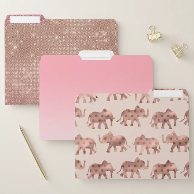 Cute Girly Pink Rose Gold Polka Dot Elephants File Folder | Zazzle