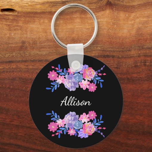 Cute Girly Pretty Floral Custom Monogram Key chain | Zazzle