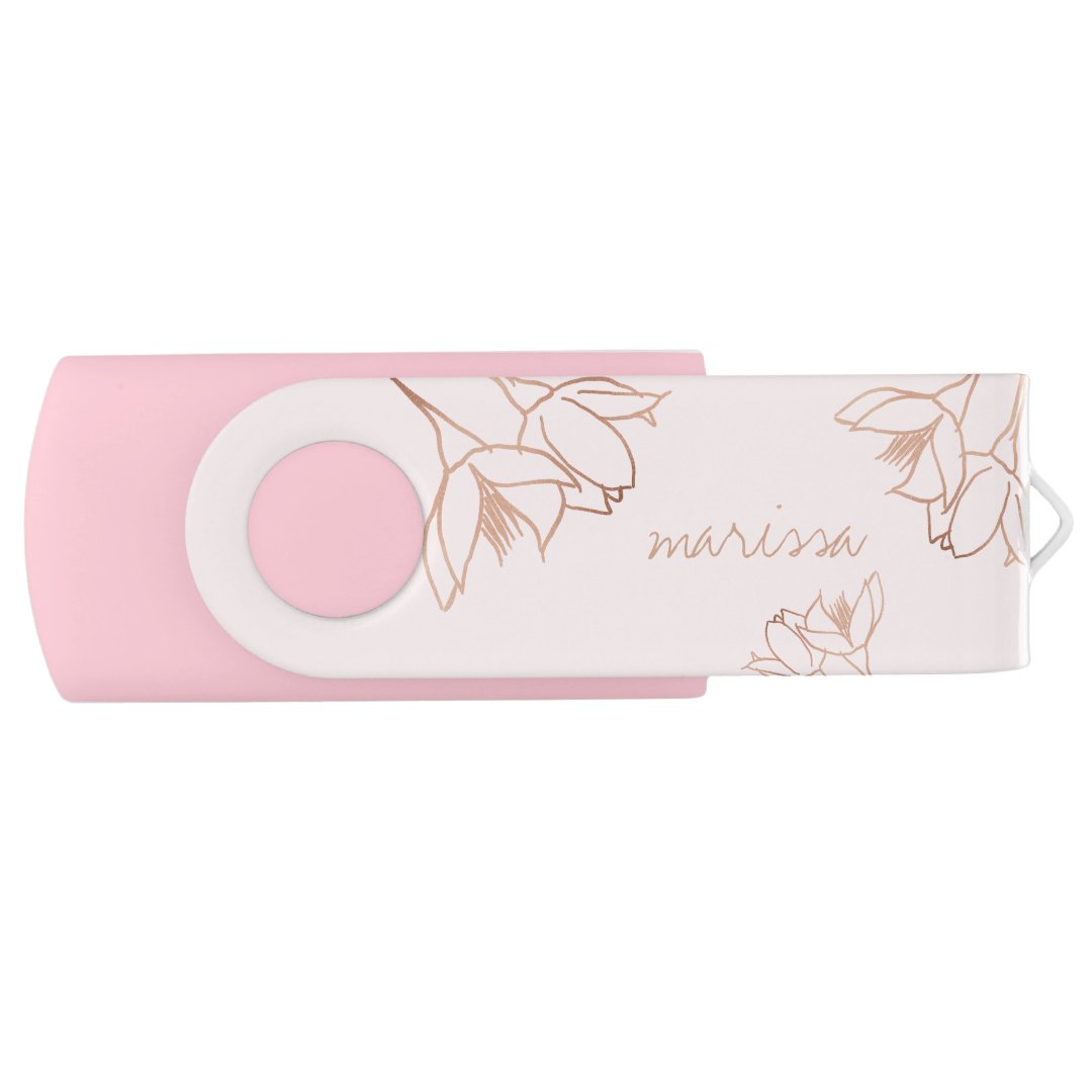 Cute Girly Rose Gold Hand Drawn Whimsical Flowers Flash Drive | Zazzle