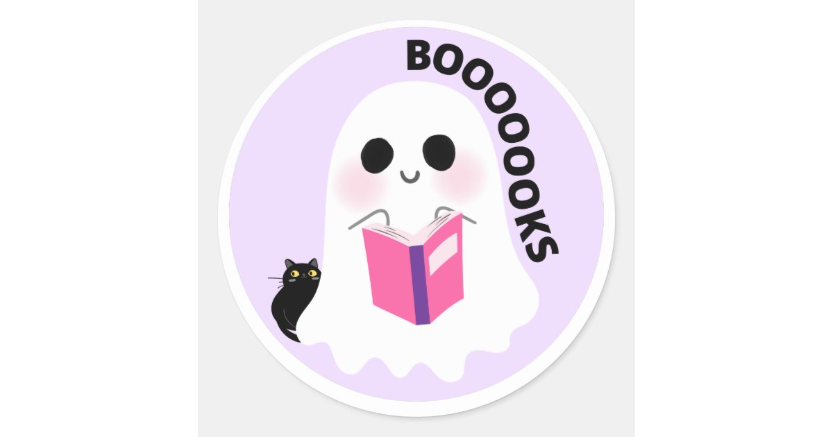 Cute girly spooky ghost black cat reading boooks classic round sticker ...