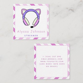 Cute & Girly Streamer Gamer Headset Trendy Cool Square Business Card ...
