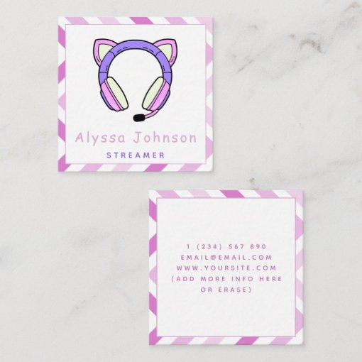 Cute & Girly Streamer Gamer Headset Trendy Cool Square Business Card ...