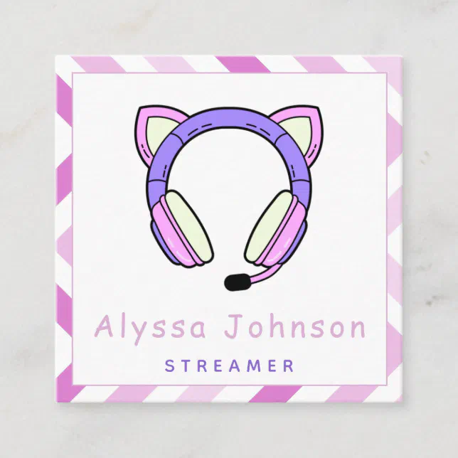 Cute & Girly Streamer Gamer Headset Trendy Cool Square Business Card ...