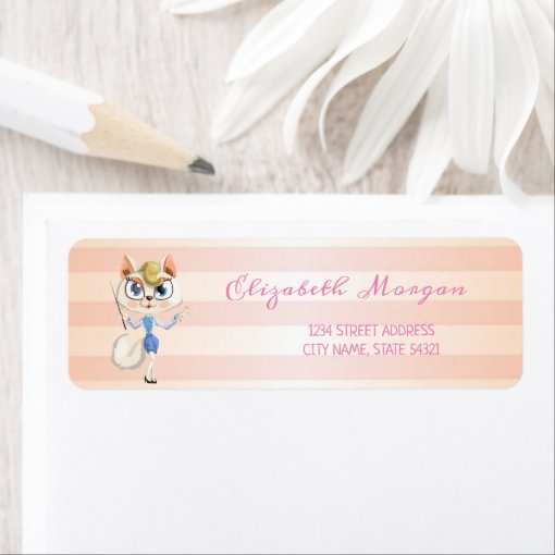 Cute Girly Striped ,Kitty Address Label | Zazzle