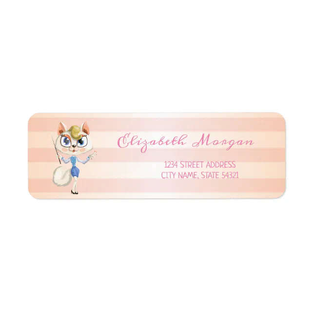 Cute Girly Striped ,Kitty Address Label | Zazzle