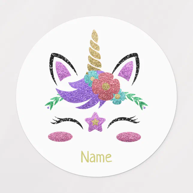 Cute Glitter Gold Pink Girl's Unicorn Personalized Kids' Labels | Zazzle