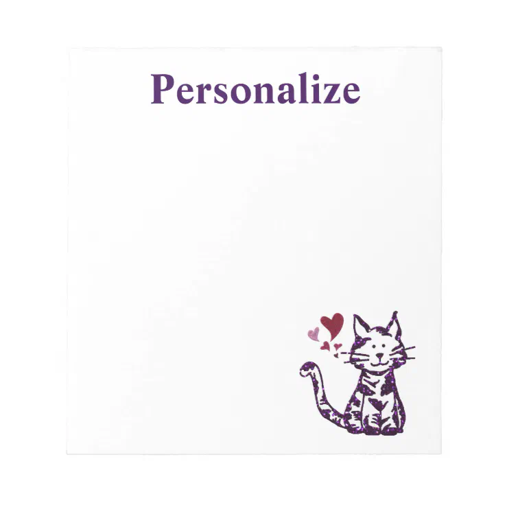 Cute Glitter Purple Cat with Pink and Red Hearts Notepad | Zazzle
