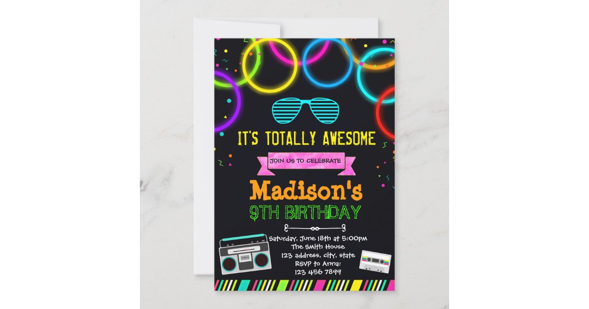 Cute glow 80s party invitation | Zazzle