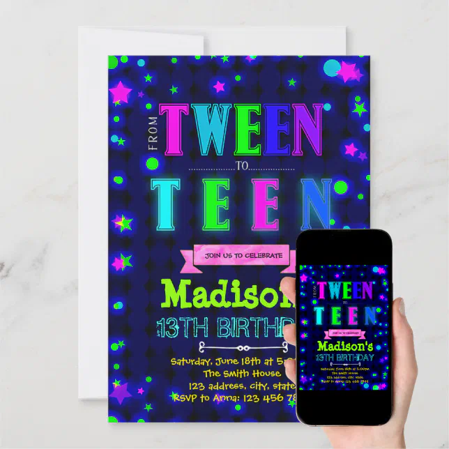Cute glow tween party birthday invitation | Zazzle