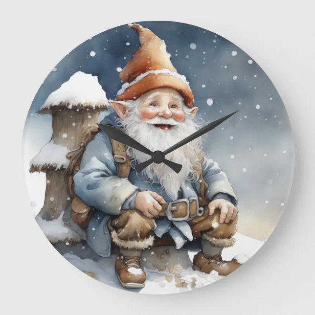 Cute Gnome Sitting by a Tree in the Snow Large Clock | Zazzle