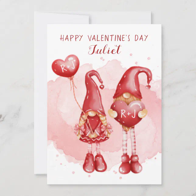 Cute Gnomes Custom Initials Hearts Valentine's Day Holiday Card | Zazzle