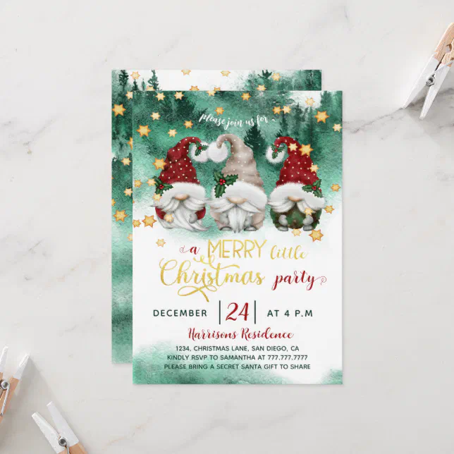 Cute Gnomes Merry Little Christmas Party Invitation | Zazzle