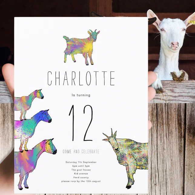 Cute Goat Farm Animal 12th Birthday Party Budget Invitation Postcard ...