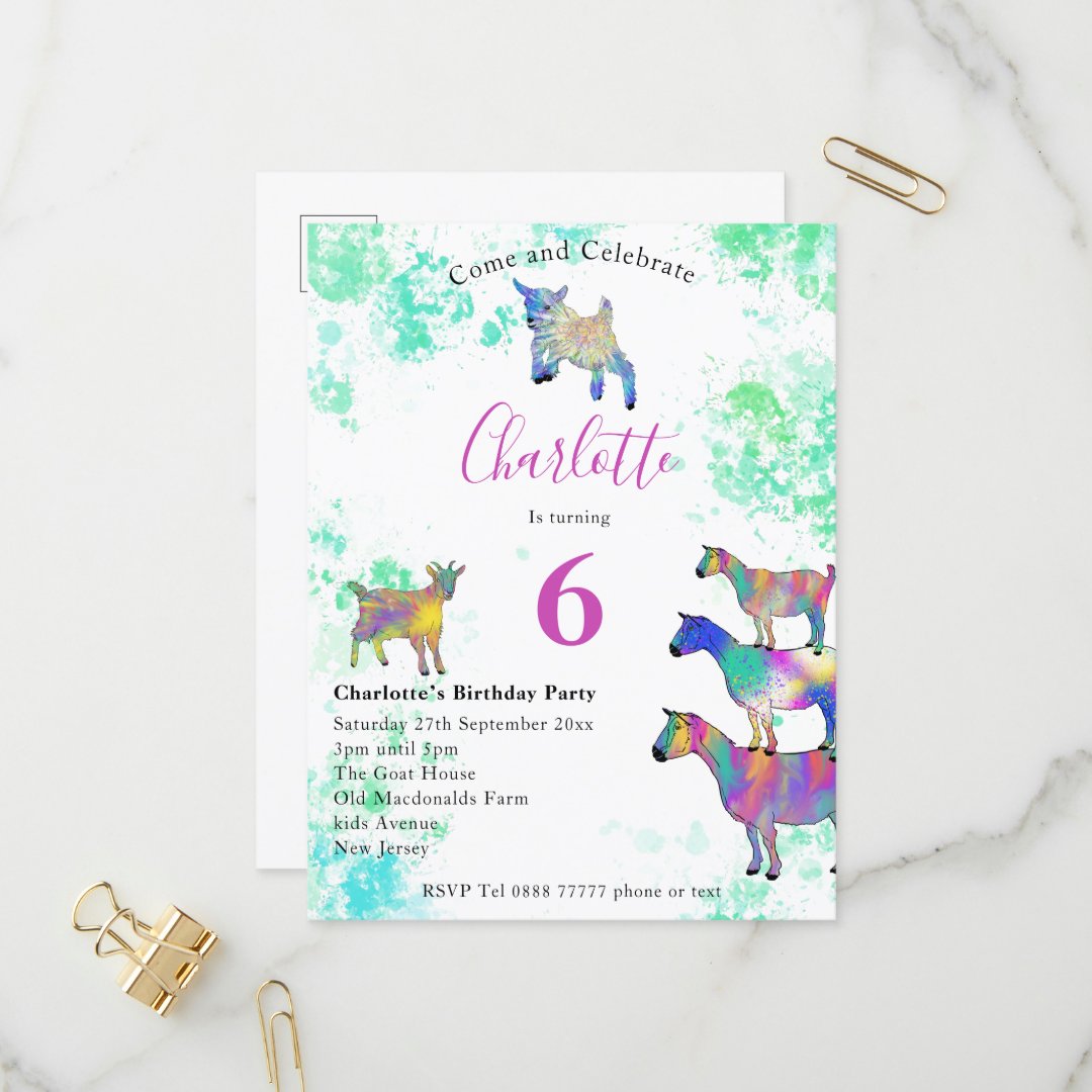 Cute Goats 6th Birthday party Invitation Postcard | Zazzle