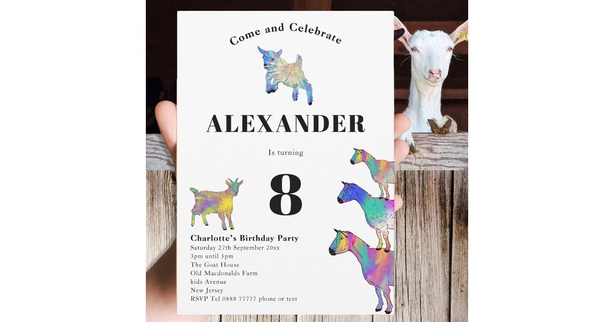 Cute Goats Colorful Farm Animal 8th Birthday Party Invitation | Zazzle