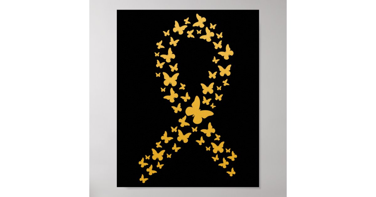 Cute Gold Butterflies Ribbon Childhood Cancer Awar Poster | Zazzle