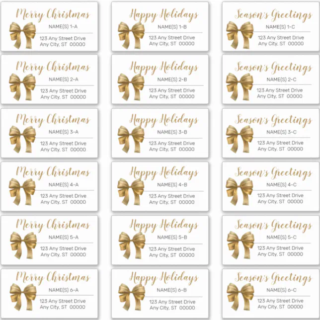 Cute Gold Christmas Bow Holiday Address Labels | Zazzle