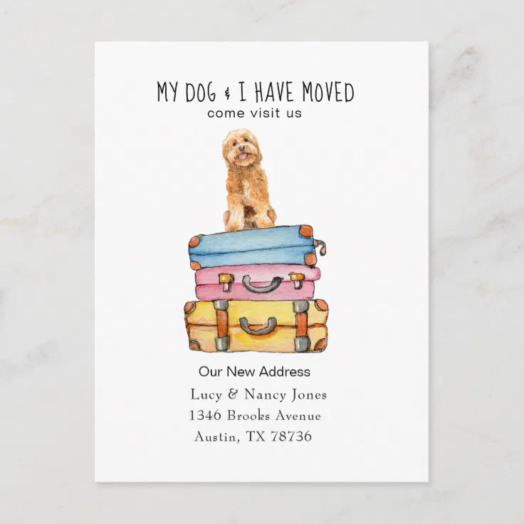 Cute Golden Doodle dog moving announcement Postcard | Zazzle