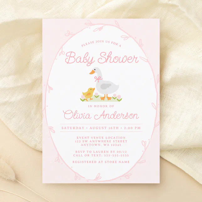 Cute Goose Pink Girl Baby Shower Invitation | Zazzle