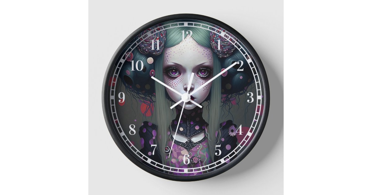 Cute Goth Girl Purple Black Fantasy Art Clock | Zazzle