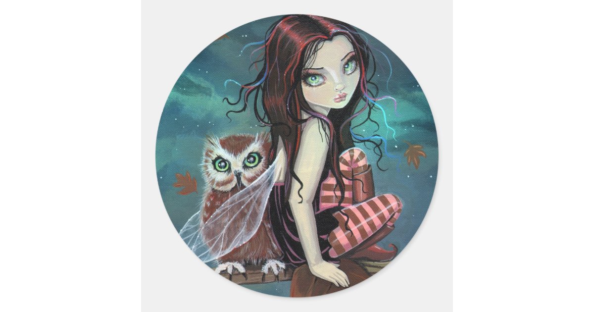 Cute Gothic Fairy and Owl Fantasy Art Stickers | Zazzle