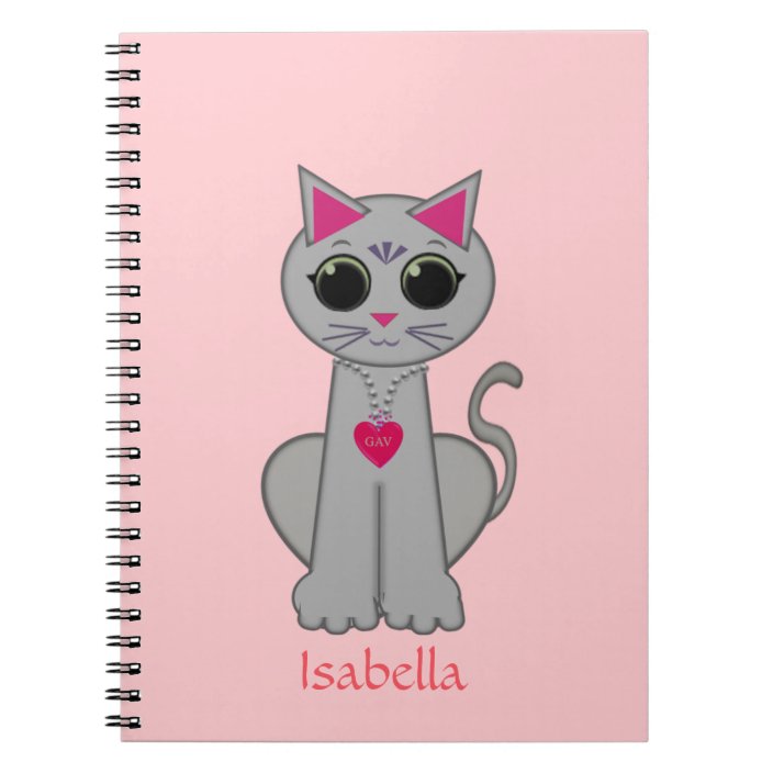 Cute Gray Cat & Name Calligraphy on Pink Notebook | Zazzle.com